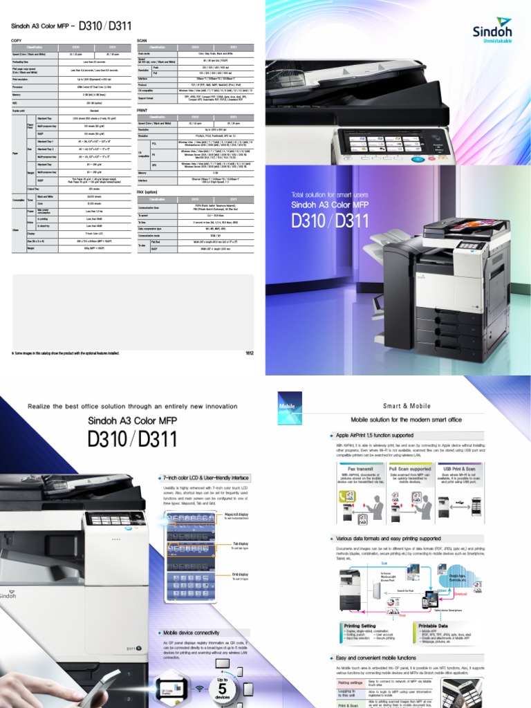 Sindoh D310/D311 A3 Color MFP Overview | PDF | Fax | Mobile App