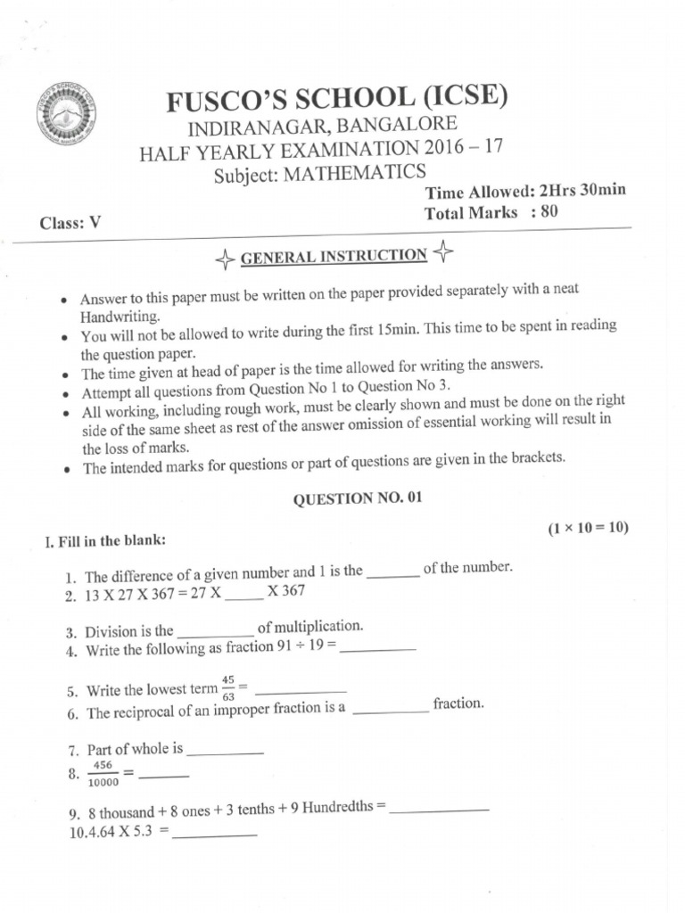 ICSE Class 5 Maths Half Yearly Model Exam PDF | PDF