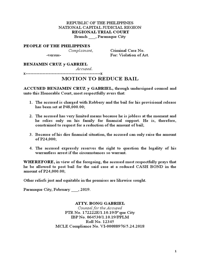 Motion To Reduce Bail | PDF | Bail | Legal Procedure
