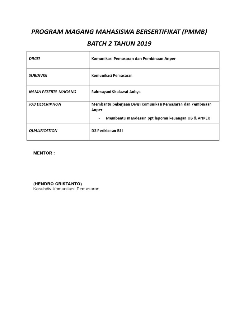 FORM JOBDESK Anak Magang | PDF