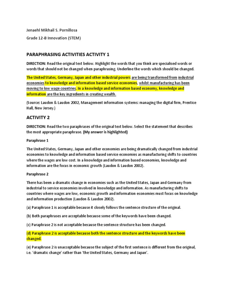 Paraphrasing Activities: Understanding Key Elements of Paraphrasing ...