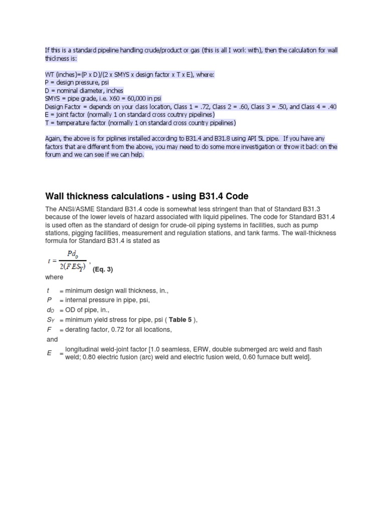 Wall Thickness Calculations - Using B31.4 Code: T P D S F | PDF ...