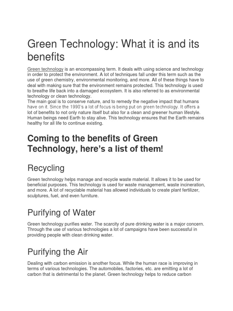 Green Technology: What It Is and Its Benefits: Coming To The Benefits ...