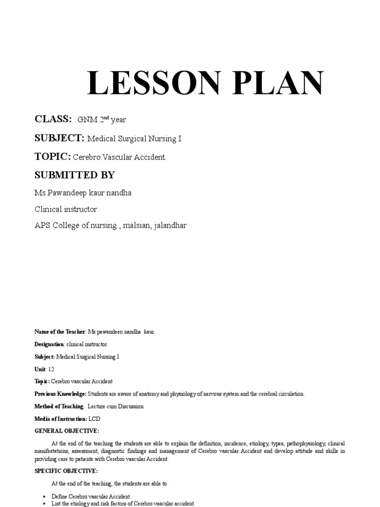 Lesson Plan: Class: Subject: Topic: Submitted by | PDF | Stroke | Angiology