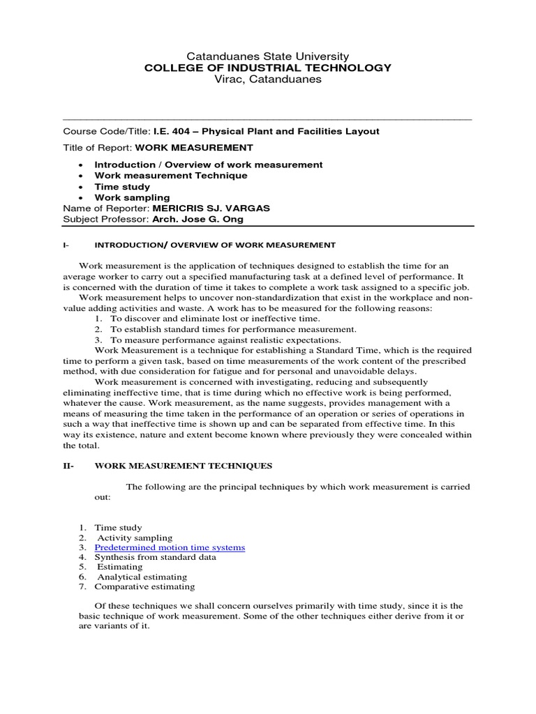 Work Measurement Techniques Overview | PDF | Analysis | Business
