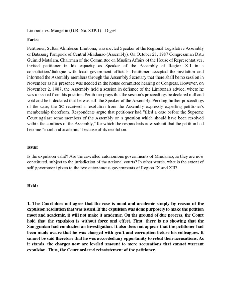 Limbona vs Conte Mangelin Digest | Autonomy | United States Congress