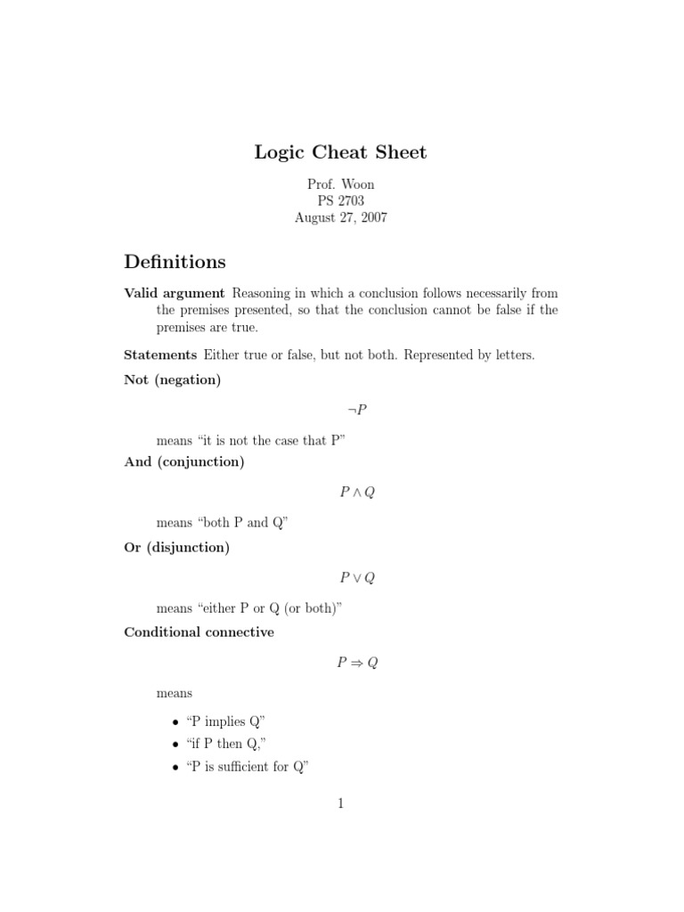 Logic Cheat Sheet | PDF | If And Only If | Logical Truth