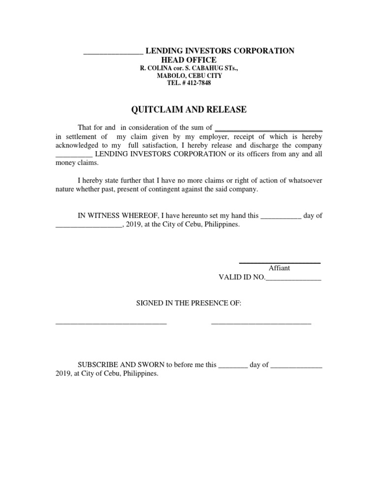 Quitclaim Release Form for Investors | PDF | Finance & Money Management