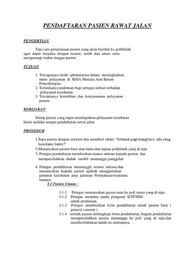 Spo Pendafataran Ranap Dan Rajal Rsia Mutiara Aini 2019 | PDF