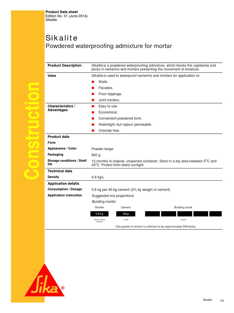 A Powdered Waterproofing Admixture for Mortar: Product Data Sheet for ...