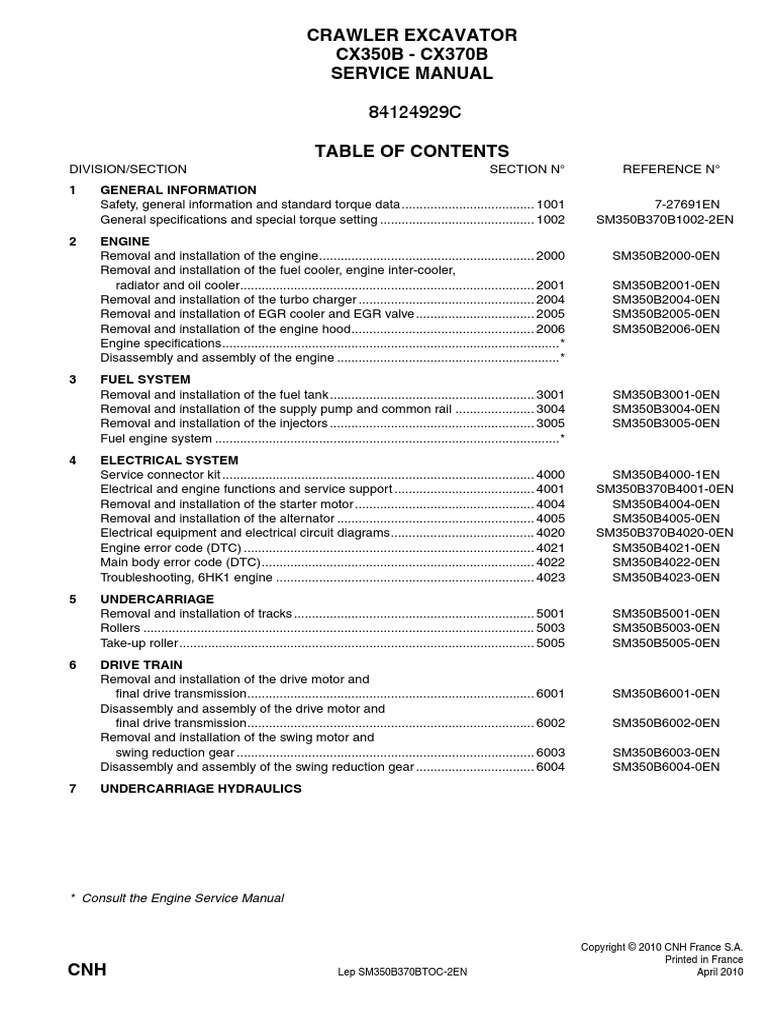 Crawler Excavator CX350B - CX370B Service Manual: 1 General Information ...