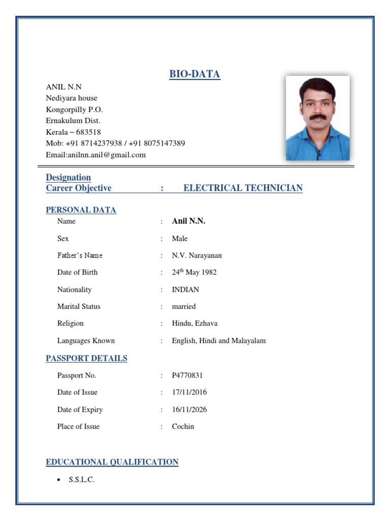 Bio-Data: Designation Career Objective: Electrical Technician | PDF ...