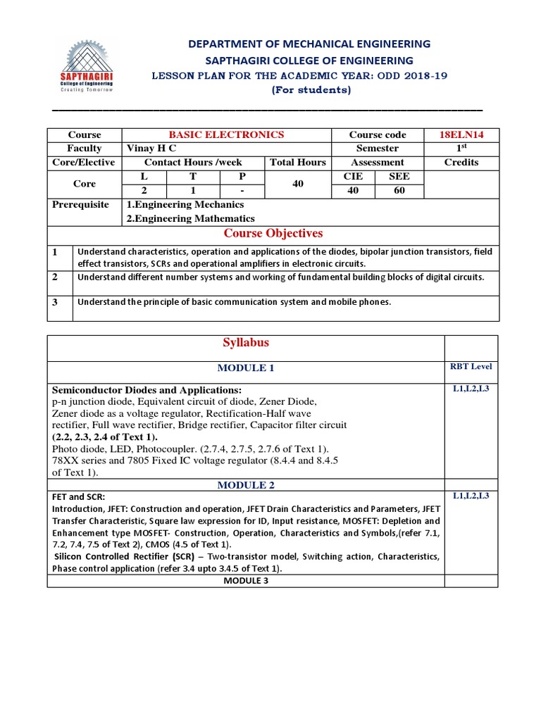 Basic Electronics Course Plan 2018-19 | PDF | Operational Amplifier ...