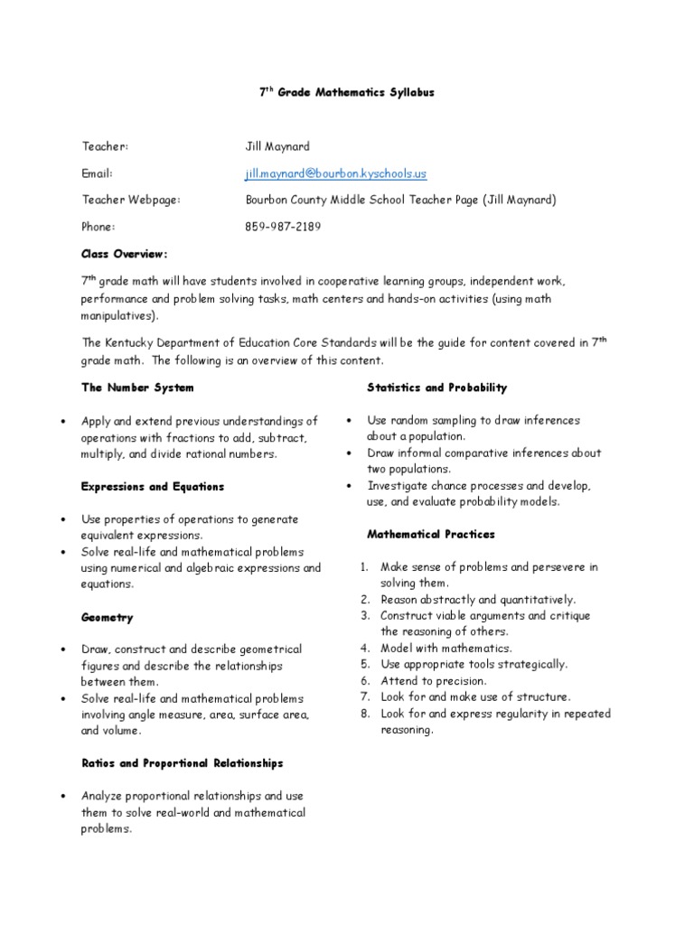 7th Grade Mathematics Syllabus | PDF | Teaching Mathematics | Homework