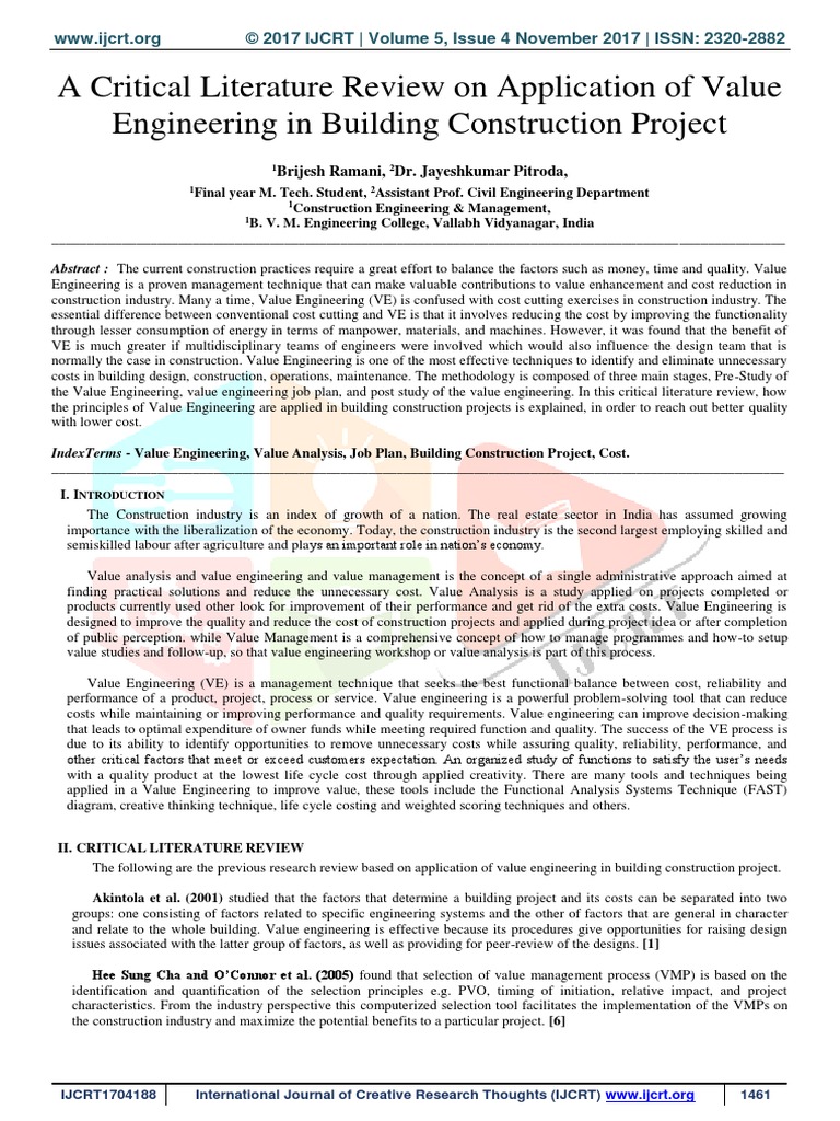 A Critical Literature Review On Application of Value Engineering in ...