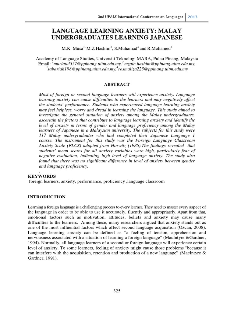 Language Learning Anxiety Malay Undergra PDF | PDF | Anxiety | Applied ...