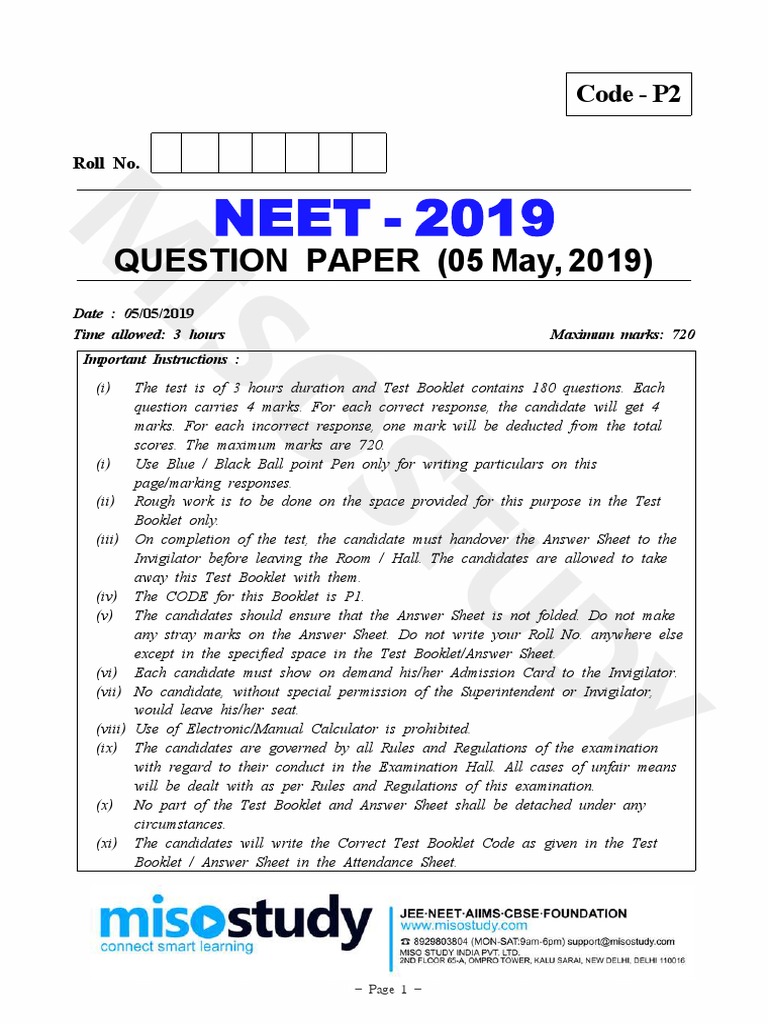 NEET Question Paper 2019 Code P2 | PDF | Rainbow | Rotation Around A ...