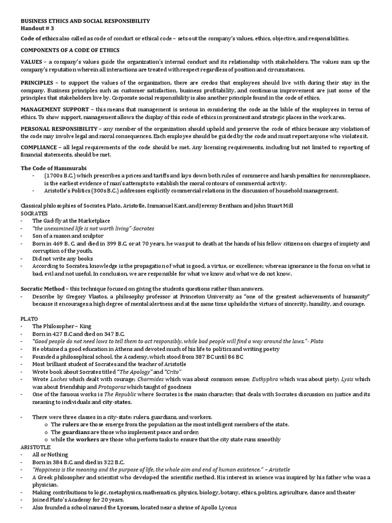 Handout 3 - Business Ethics and Social Responsibility | PDF | Socrates ...