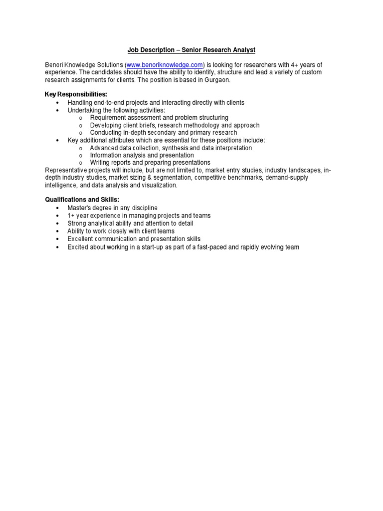JD For Senior Research Analyst | PDF | Intelligence Analysis | Financial Analyst