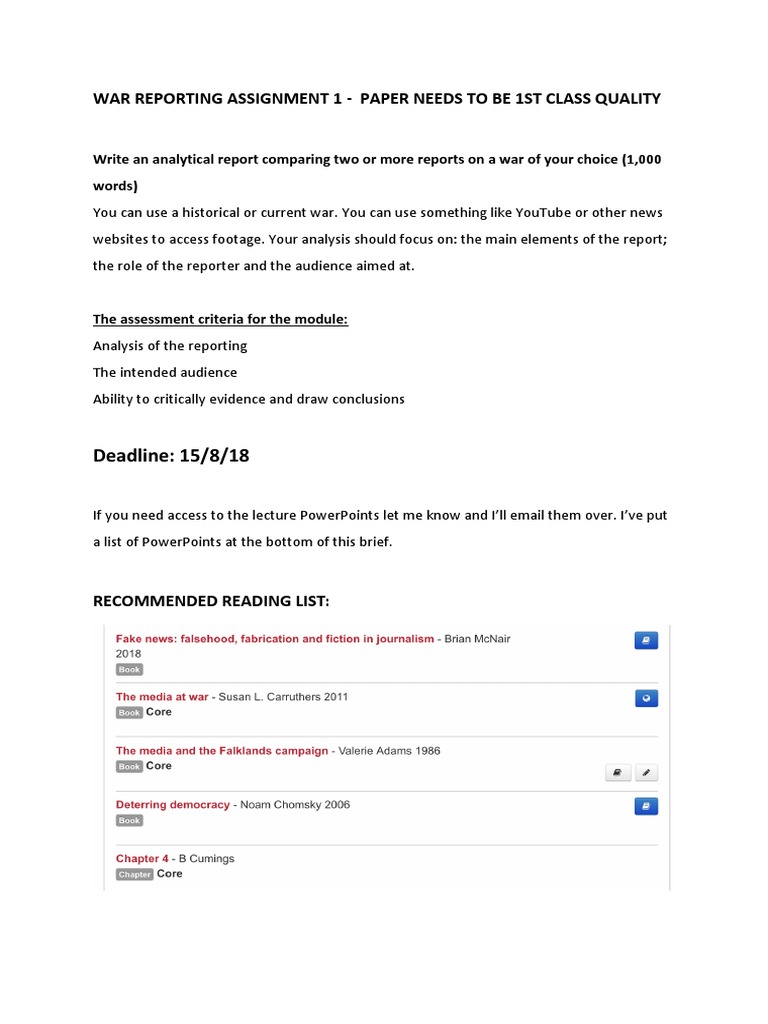 War Reporting Analysis Assignment Guide | PDF | Finance & Money Management