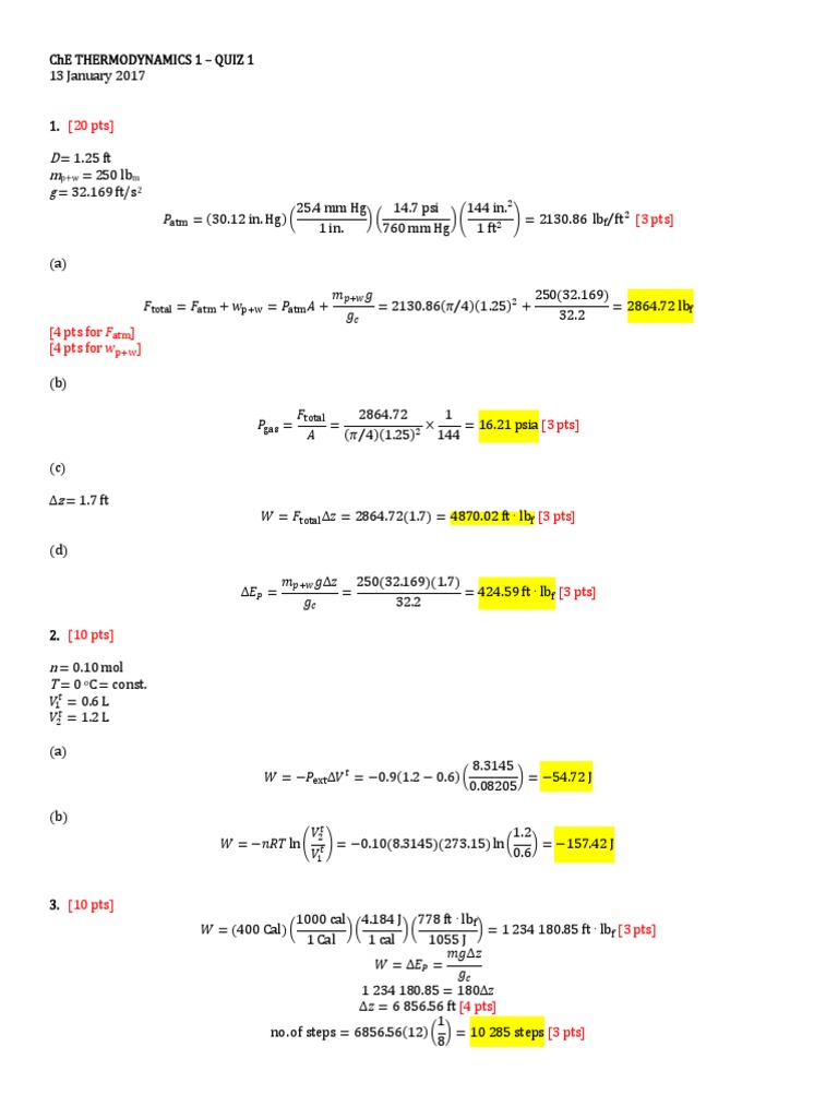 Thermo 1 Quiz 1 Solutions | PDF | Pressure | Nature