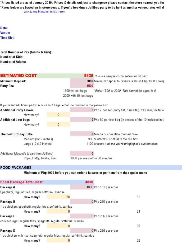Jollibee Party Spreadsheet | PDF | Menu | Foods