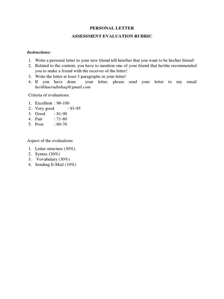 Personal Letter Writing Assessment Rubric | PDF | Syntax | Grammar