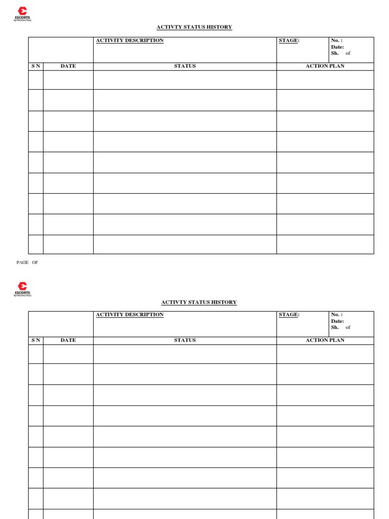 Activty Status History Activity Description Stage: No.: Date: Sh. of SN ...