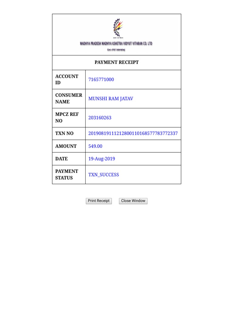 Payment Receipt Account ID Consumer Name MPCZ Ref NO TXN No Amount Date ...