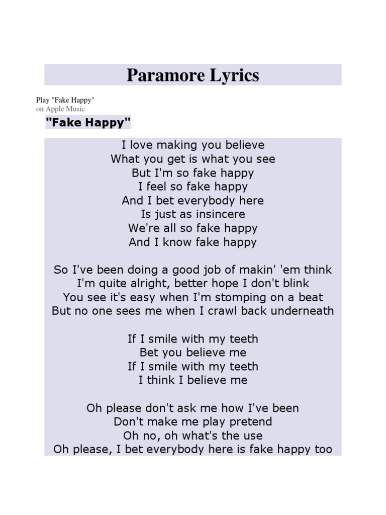 Paramore Lyrics: "Fake Happy" | PDF