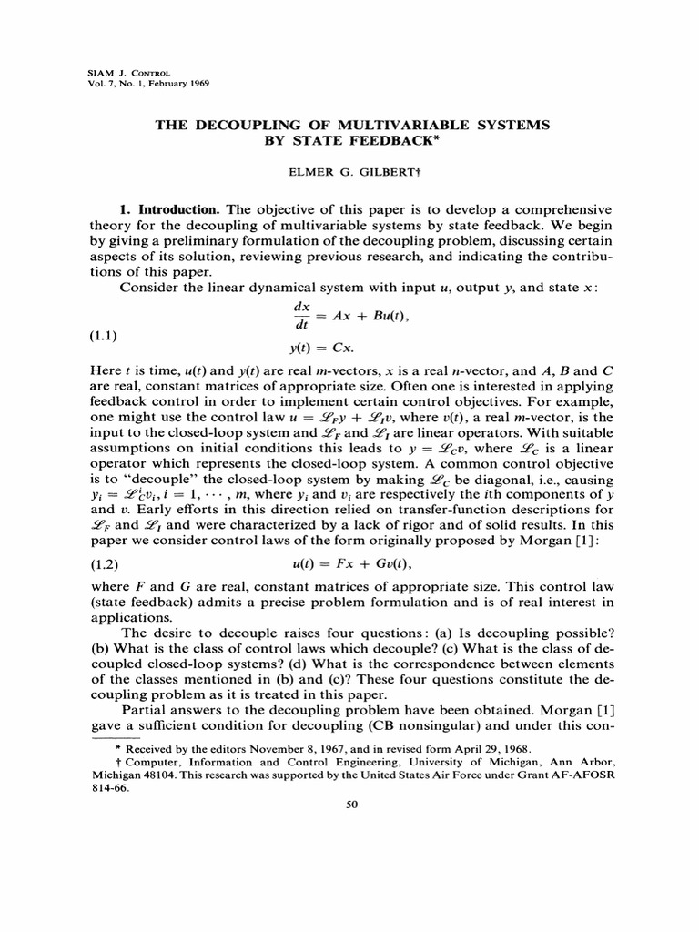 Decoupling of Multvariable Systems by State Feedback | Download Free ...