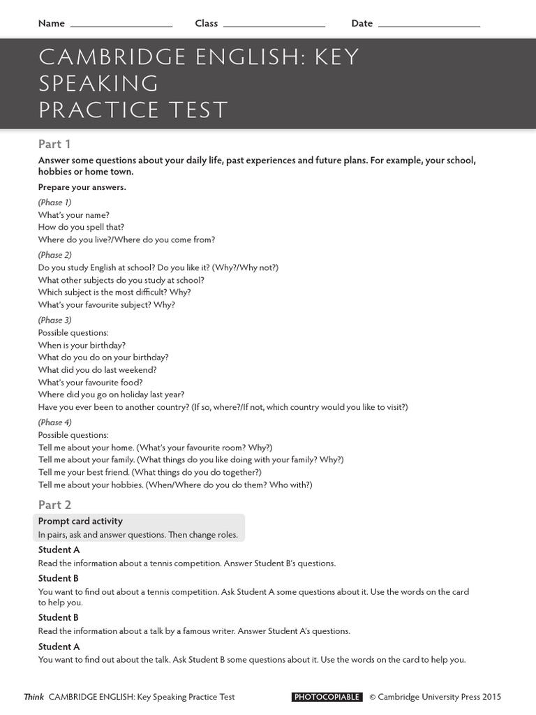 Cambridge English: Key Speaking PR Actice Test: Name Class Date | PDF