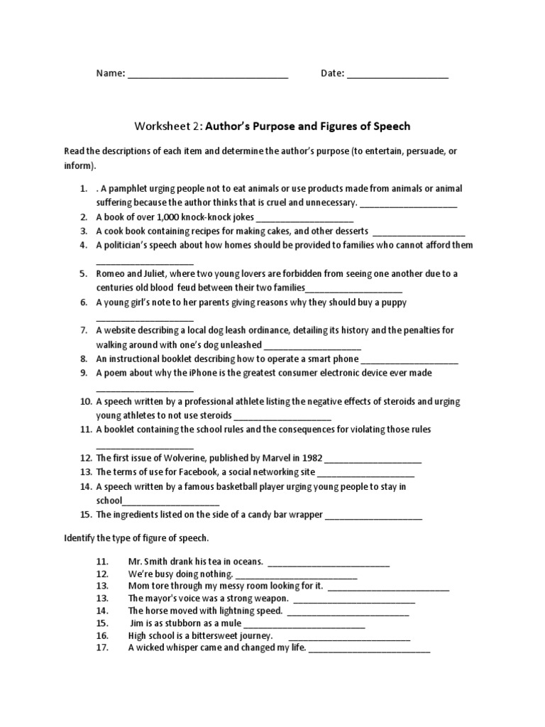 Worksheet 2: Author's Purpose and Figures of Speech: Name: - Date | PDF ...