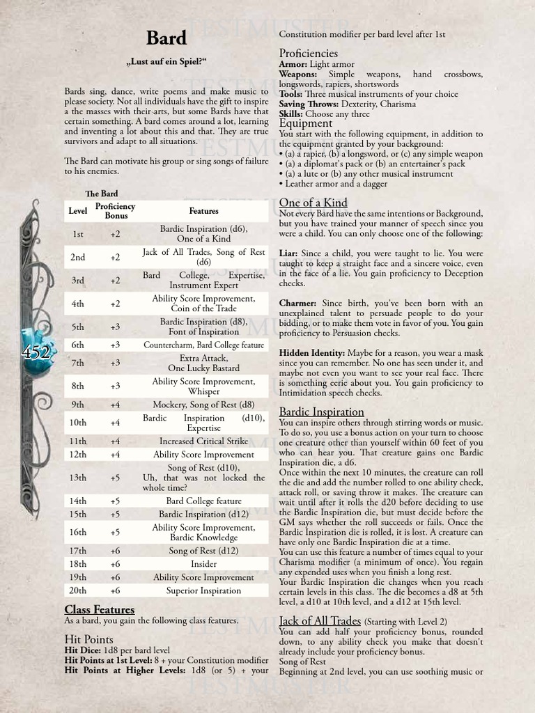 BardTESTMUSTER Constitution modifier per bard level after 1st | PDF ...