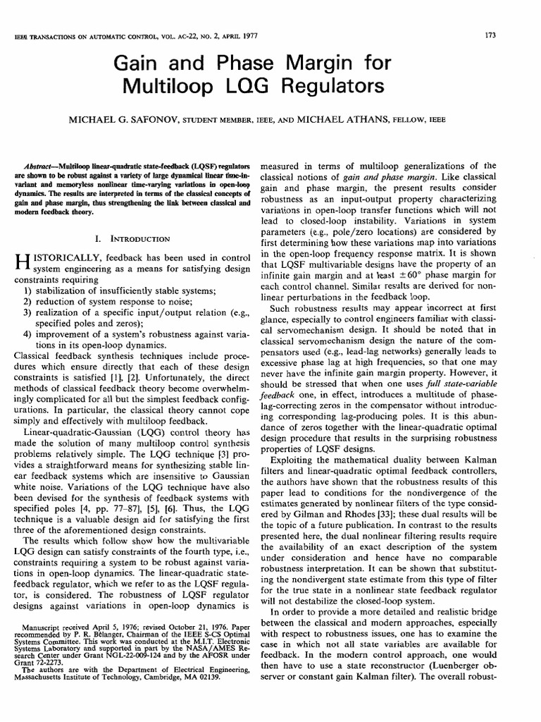 Gain and Phase Margin Multiloop LQG Regulators: Theory | PDF | Control Theory | Systems Theory