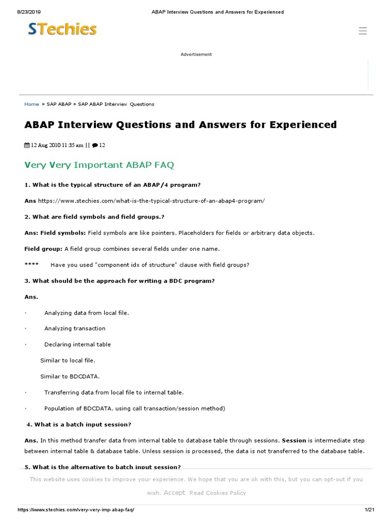 ABAP Interview Questions and Answers For Experienced | PDF | Http Cookie | Databases
