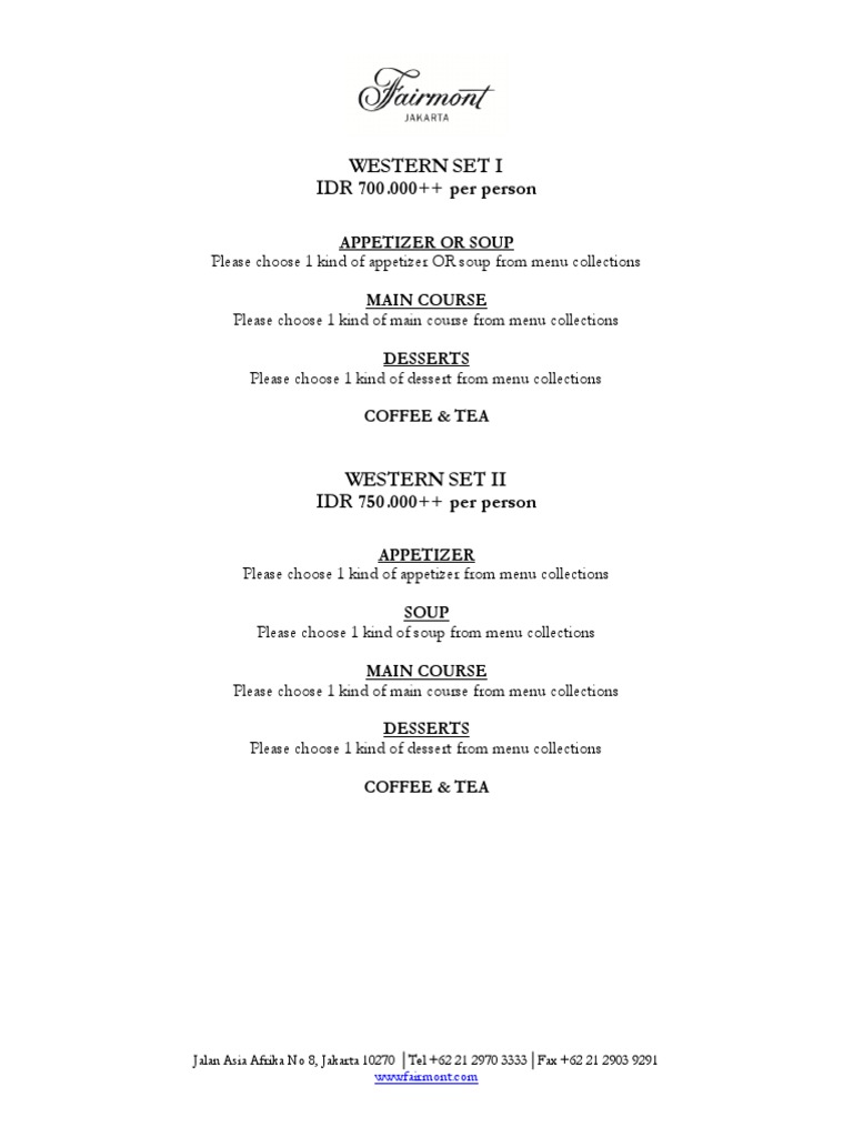 Western Set I IDR 700.000++ Per Person: Appetizer or Soup | PDF | Salad ...