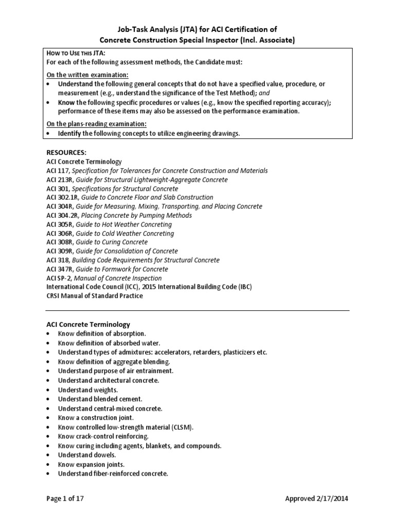 Job-Task Analysis (JTA) For ACI Certification of Concrete Construction ...