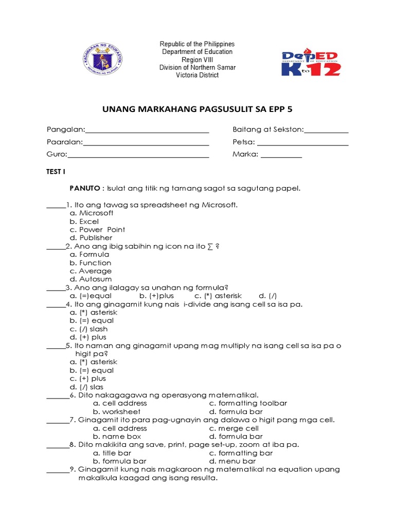 EPP 5 Questionnaire 1st Grading Grade 5 50 Items | PDF
