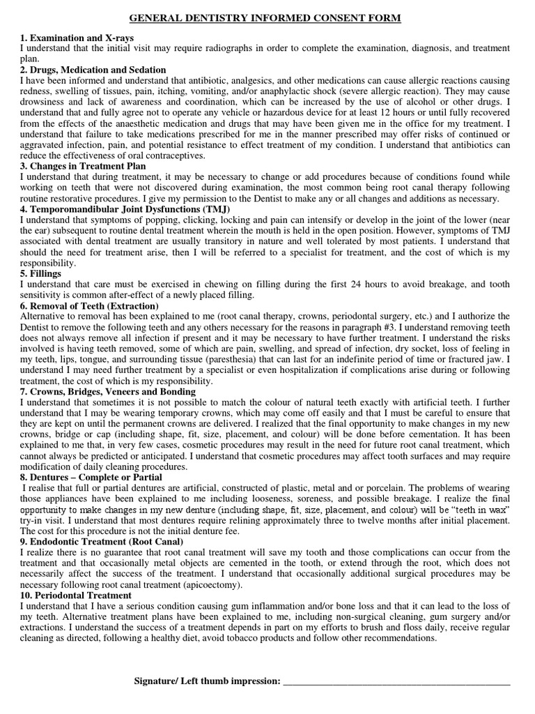 General Dentistry Informed Consent Form | PDF | Dentistry | Dentures