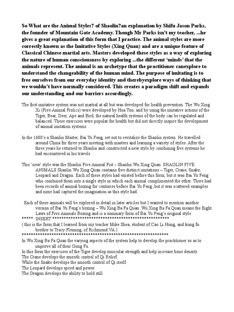 An Explanation of the Animal Styles of Shaolin Kung Fu and the Origins ...