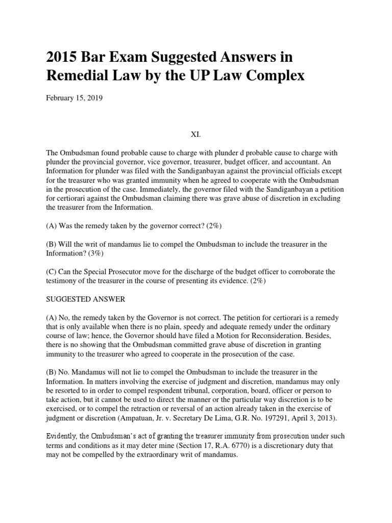 EVIDENCE 2015 Bar Exam Suggested Answers in Remedial Law by The UP Law ...