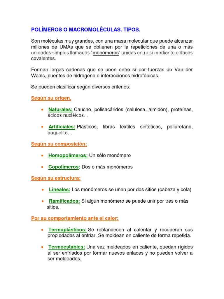 Polímeros o Macromoléculas | PDF | Polímeros orgánicos | Polímeros