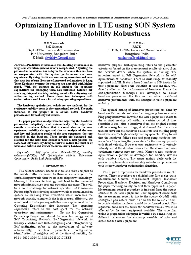 Optimizing Handover in LTE Using SON System by Handling Mobility Robustness | PDF | Computer ...