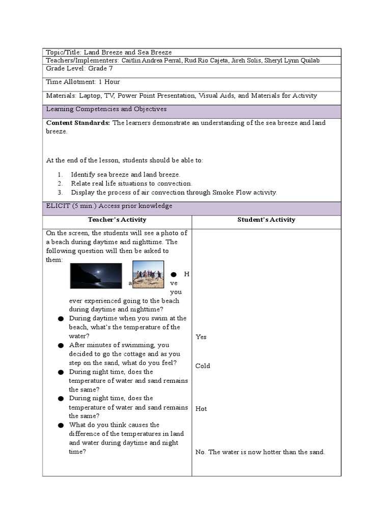 4 7E Land Breeze and Sea Breeze With Activity Sheet (March 26-27) | PDF ...