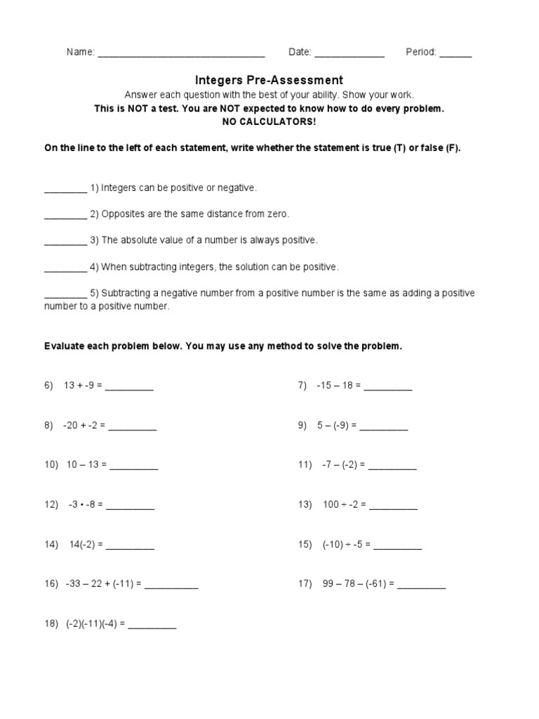 Integers Pre-Test | PDF | Numbers | Discrete Mathematics