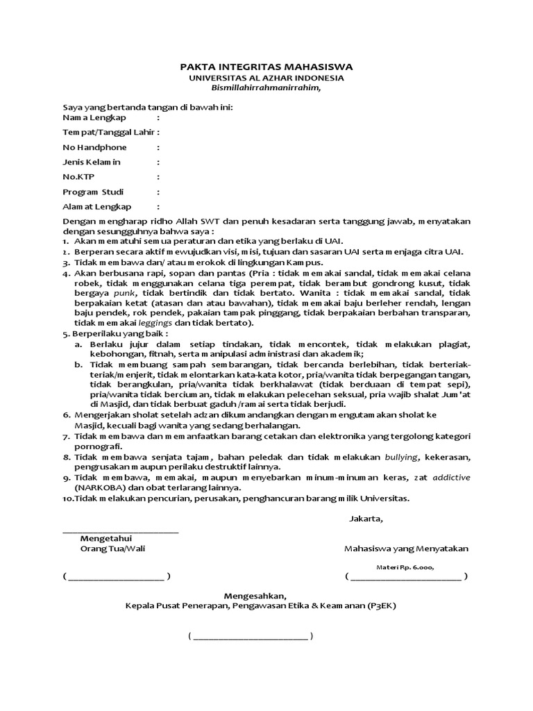 Pakta Integritas Mahasiswa UAI | PDF