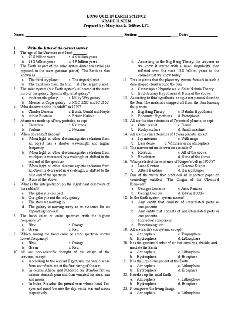Long Quiz in Earth Science Grade 11 Stem Prepared By: Mary Ann L ...
