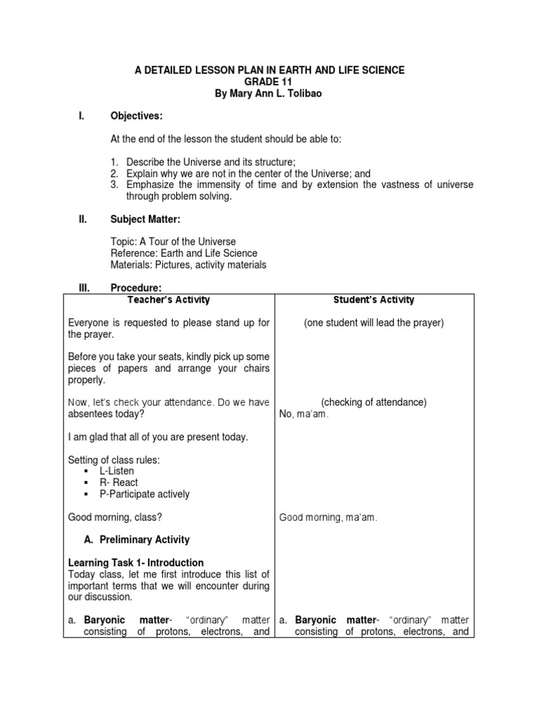 A Detailed Lesson Plan in Earth and Life Science Grade 11 by Mary Ann L ...