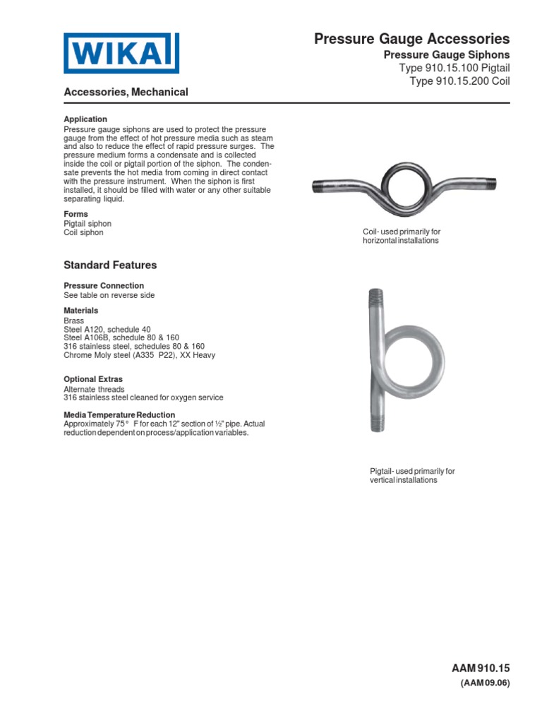 Pressure Gauges With Syphon PDF | PDF | Pressure | Pipe (Fluid Conveyance)